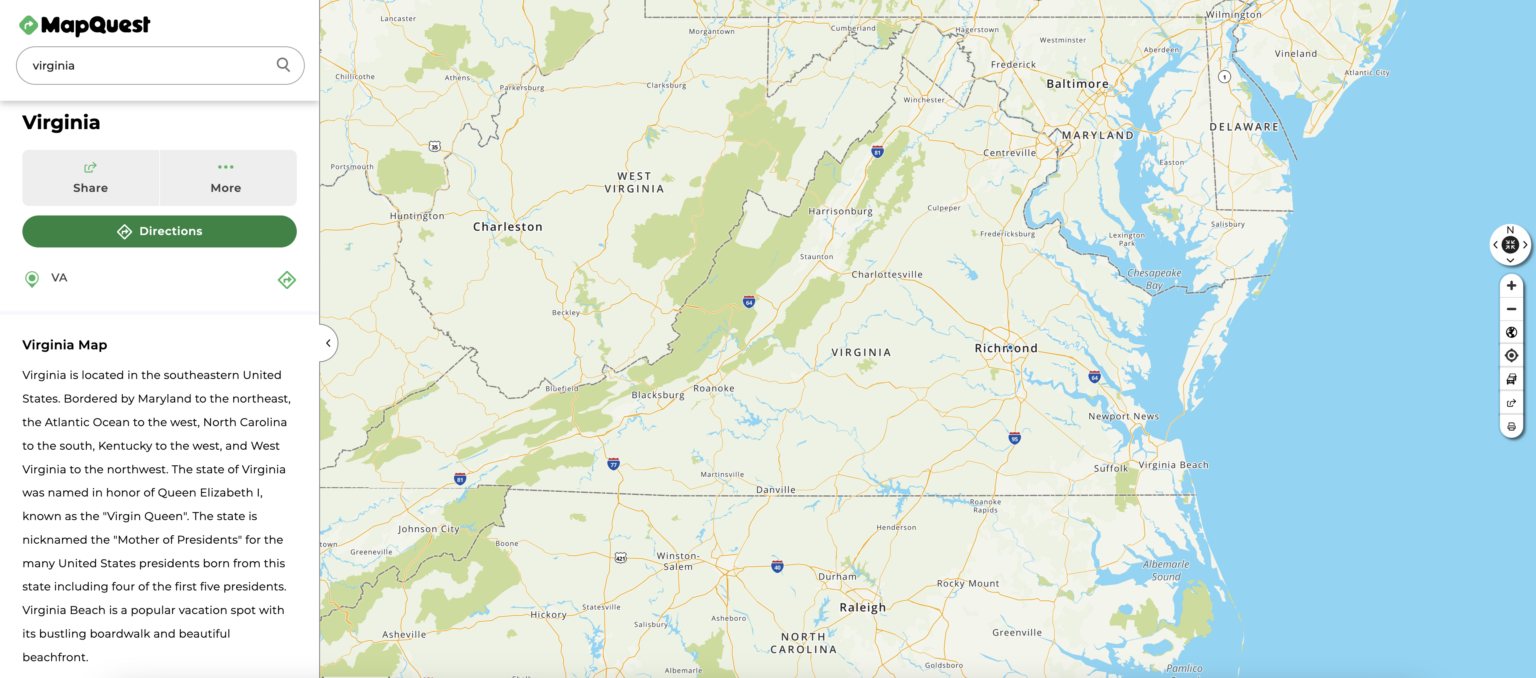 Map of Virginia – Driving Directions Maps and Traffic